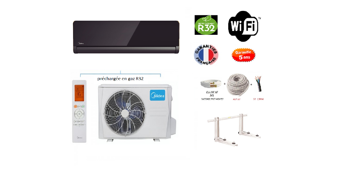 Pack Climatiseur réversible Mono-split MIDEA PURE GLASS 3500w 35m2 + kit 5 mètres de pose ...